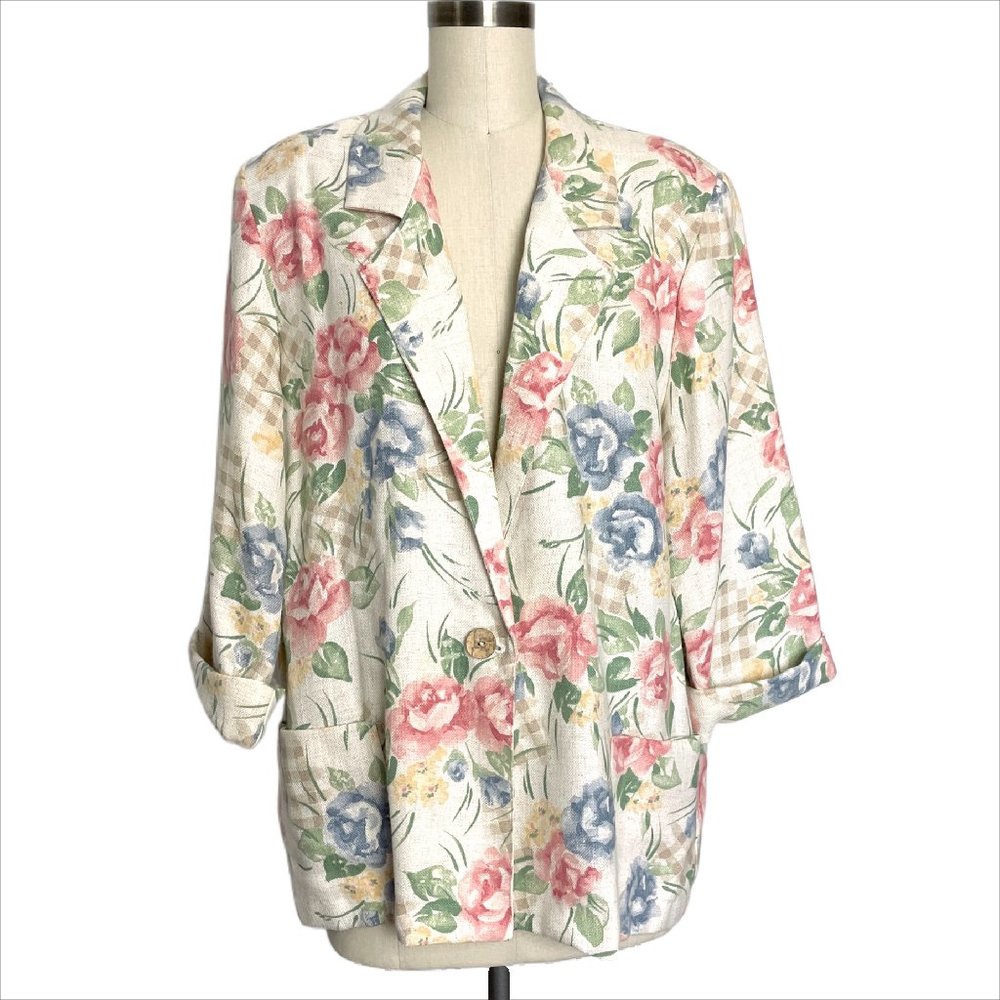 1980s Linen Blend Floral Blazer With Rolled Sleeves -… - Gem